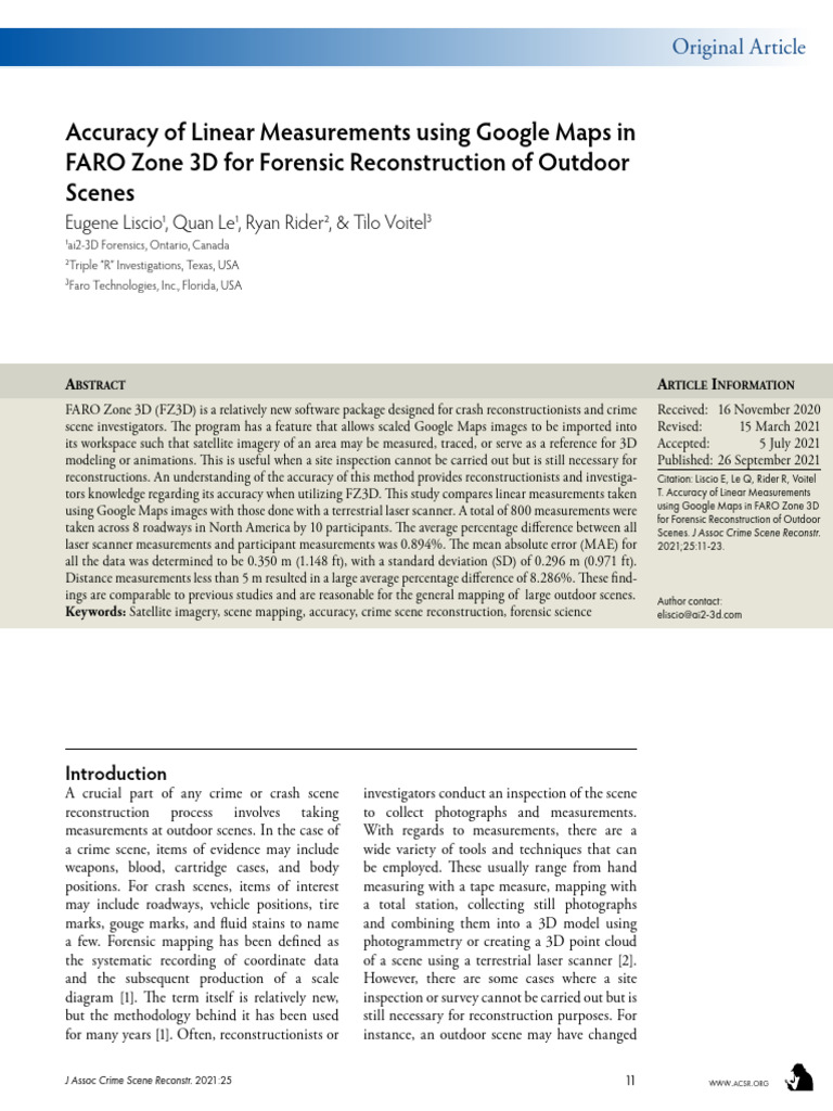 Accuracy of Linear Measurements Using Google Maps in FARO Zone 3D For Forensic Reconstruction of ...