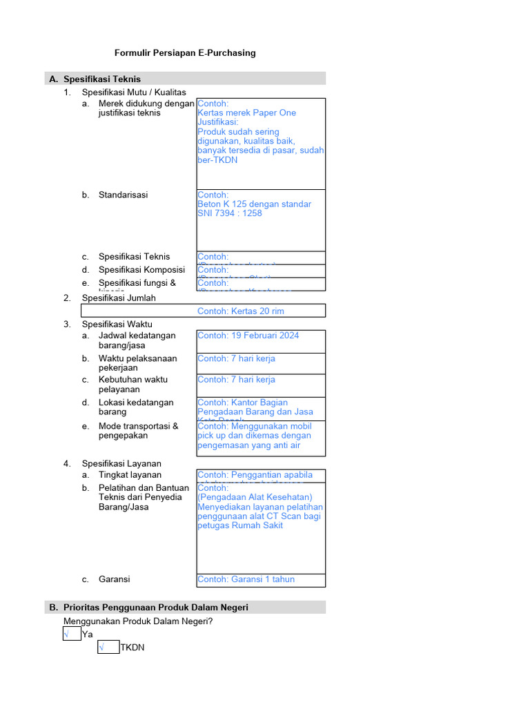 Template Dan Contoh Pengisian Formulir Persiapan E-Purchasing | PDF