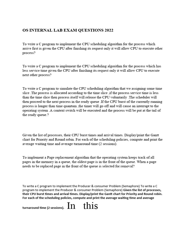 Os Internal Lab Exam Questions 2022 | PDF