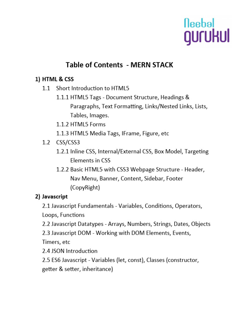 Topic of Contents- Mern Stack | Download Free PDF | Java Script | Mongo Db