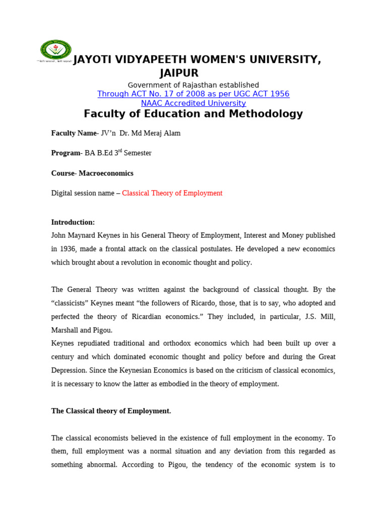 Classical Theory of Employment 1 | PDF | Economics | Labour Economics