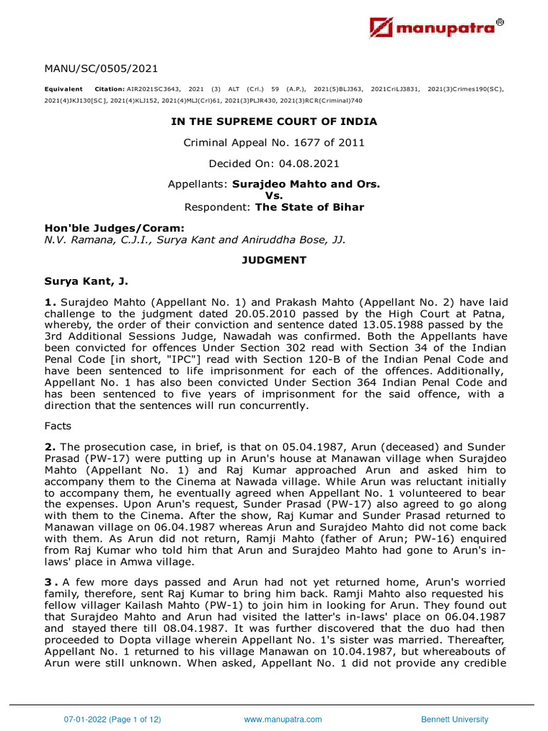 Surajdeo Mahto and Ors Vs The State of Bihar 04082SC20210508211806012COM220785 | PDF | Witness ...