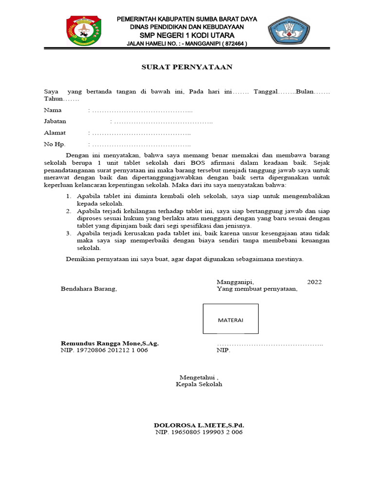 Surat Pernyataan Peminjaman Aset Sekolah | PDF | Karier & Perkembangan | Ilmu Sosial