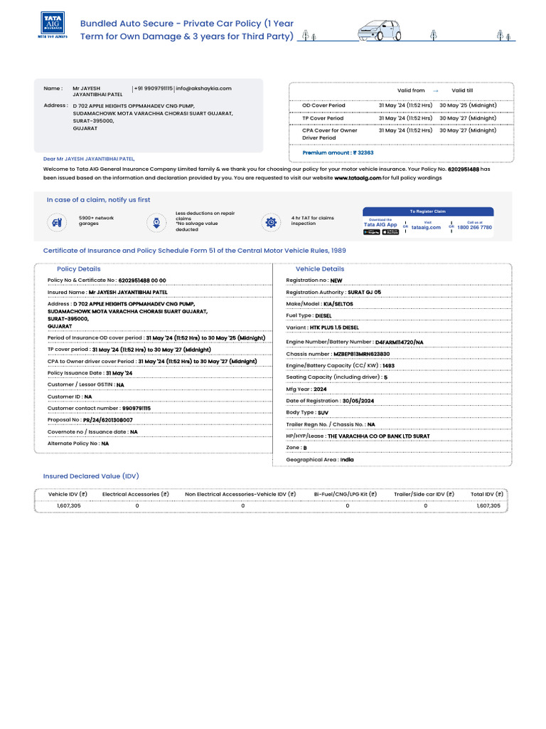 Tata AIG Motor Insurance Policy Details | PDF | Insurance | Deductible