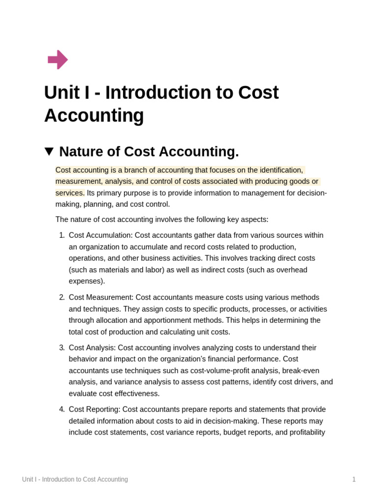 Unit I - Introduction To Cost Accounting | PDF | Cost Accounting ...
