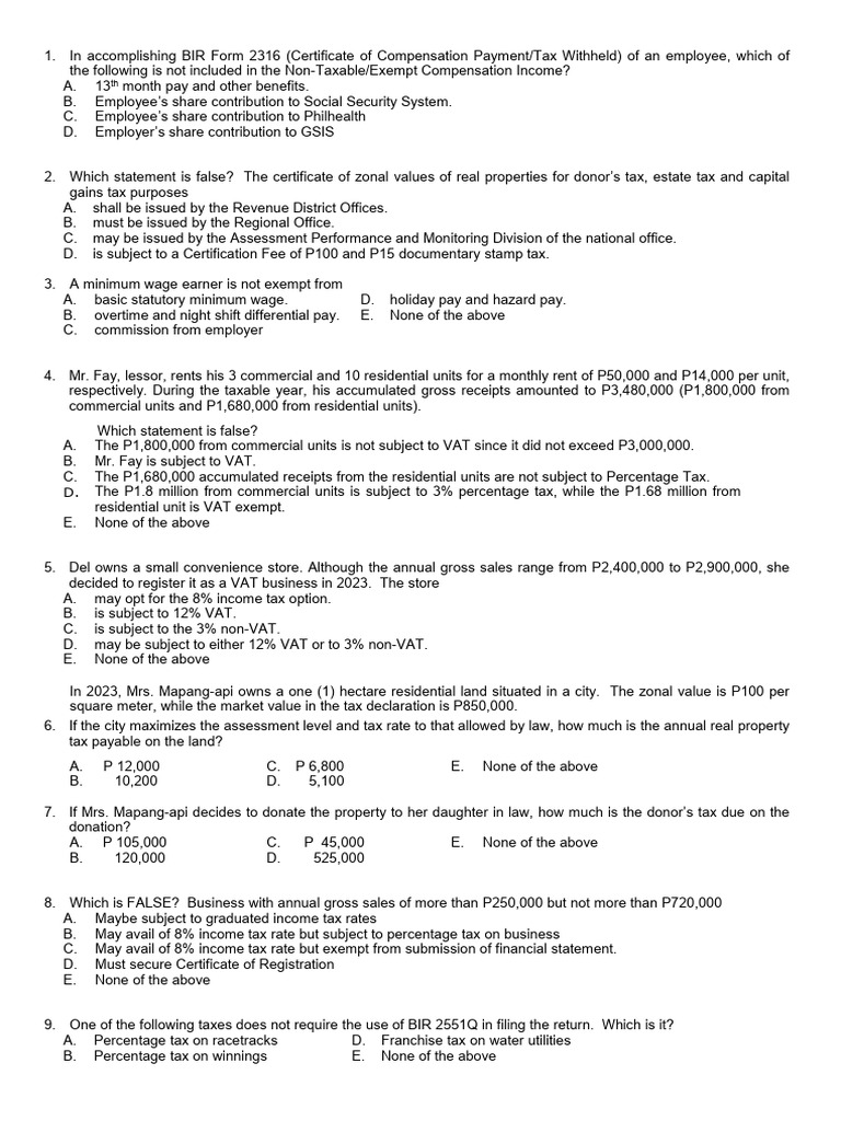 Taxation Quiz Problem 50 Items | PDF | Taxes | Income Tax