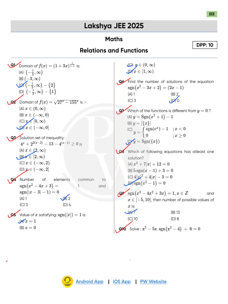 Relations & Functions - DPP 10 (Of Lec 14) - Lakshya JEE 2025 | PDF | Mathematical Objects ...