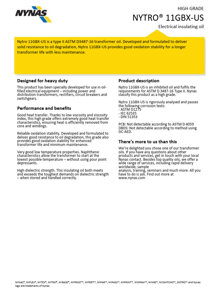NYTRO® 11GBX-US (English) PDS | PDF | Transformer | Electrical Equipment