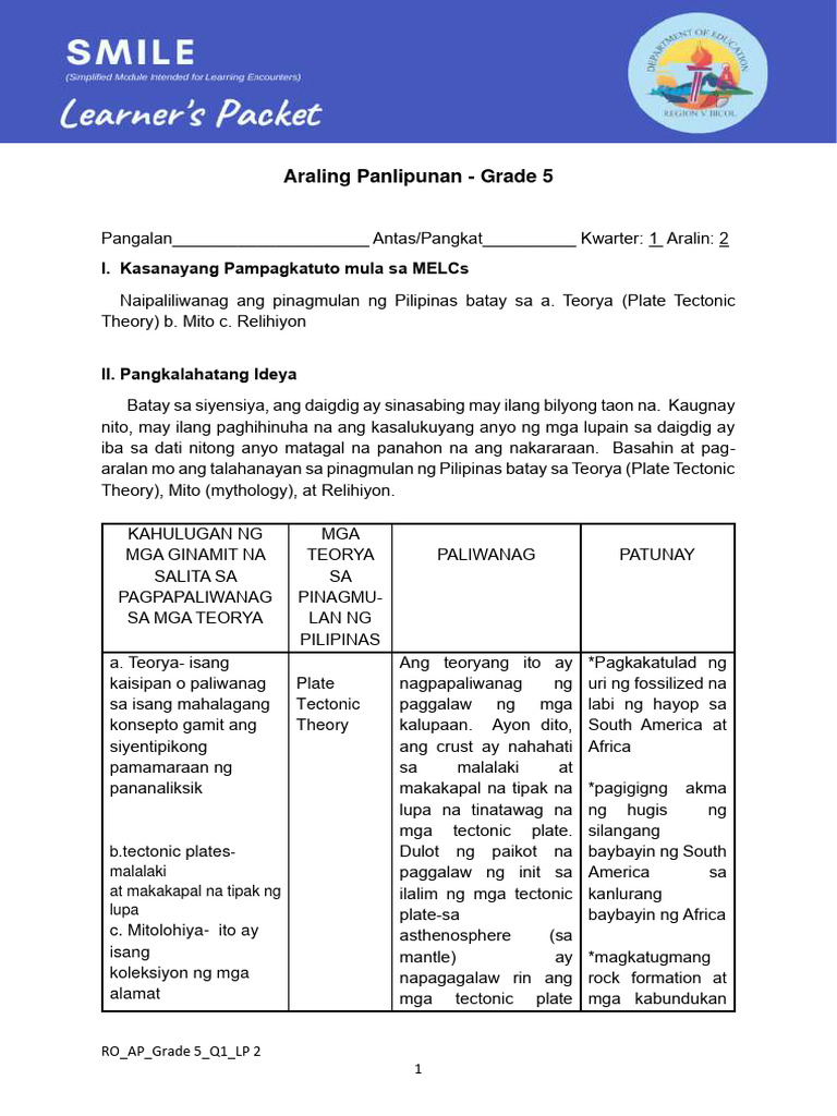 AP 5 - SMILE Learner - S Packet - Q1 - Week 2-Printed | PDF