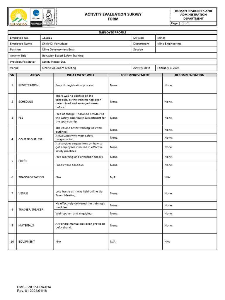 EMS F SUP HRA 034 Activity Evaluation (AE) | PDF | Business