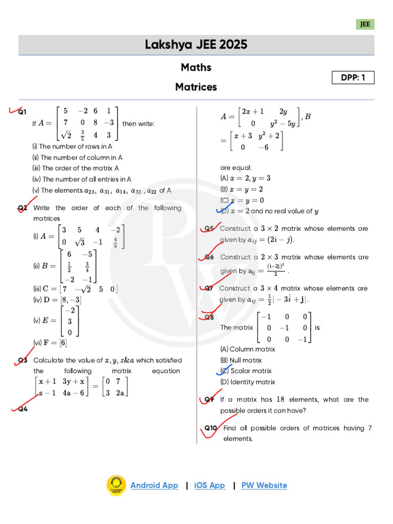 Matrices - DPP 01 (Of Lec 02) - Lakshya JEE 2025 | PDF | Matrix (Mathematics) | Mathematics