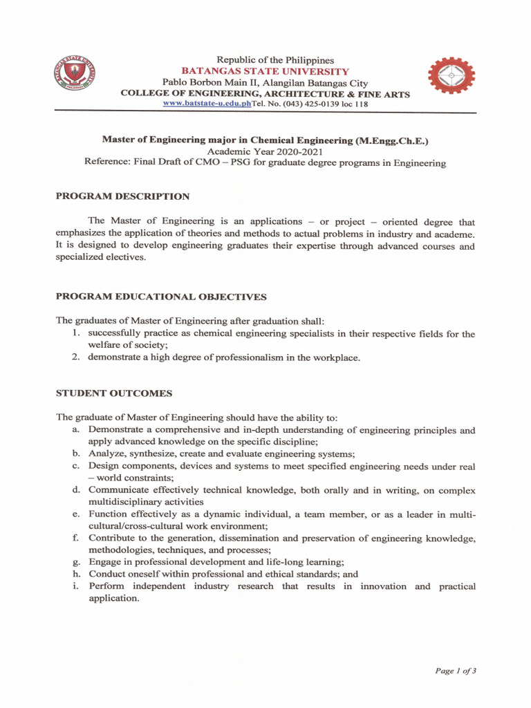 Master of Engineering Major in Chemical Engineering | PDF
