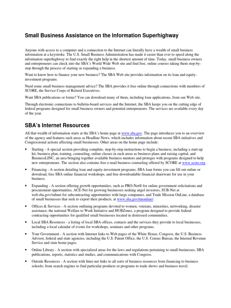 SBA Resources for Small Businesses Online | PDF | Small Business ...