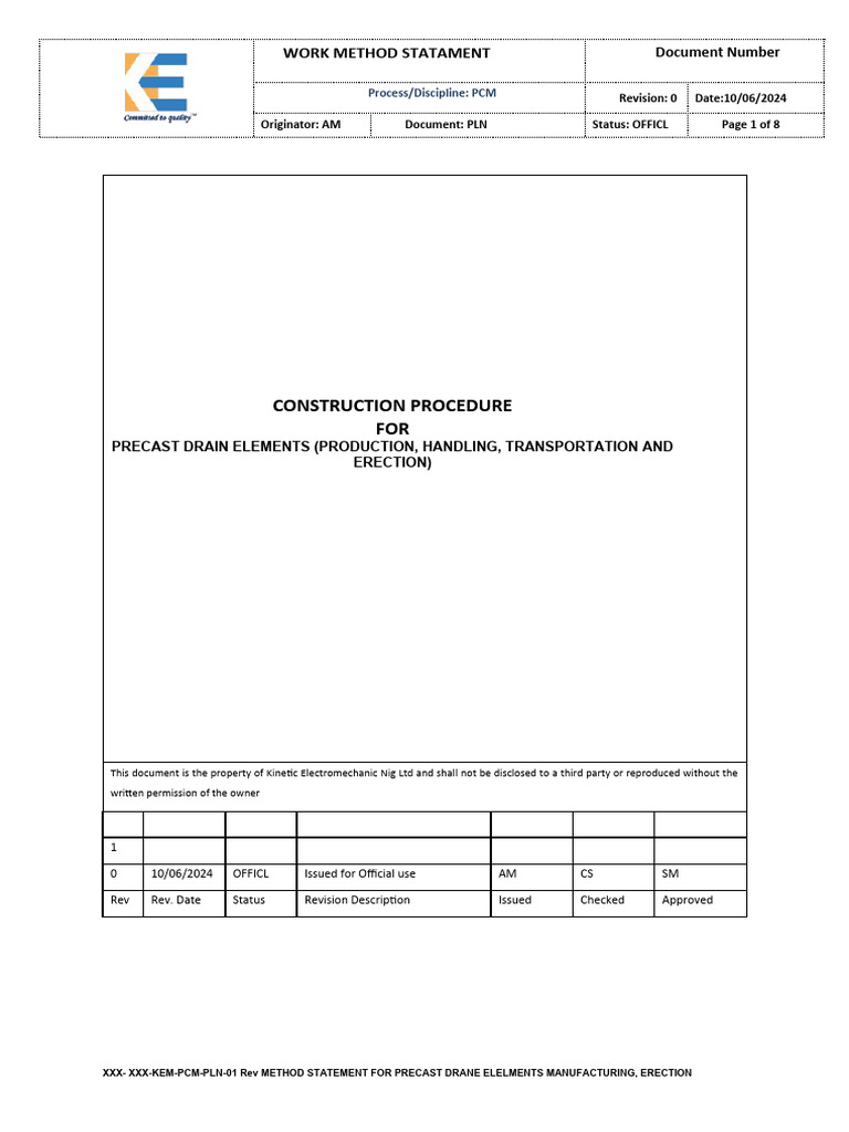 Precast Drain Elements Method Statement | PDF | Concrete | Precast Concrete