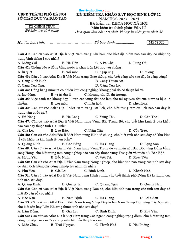 De KS Thi TN 2024 Dia Li So GD Ha Noi | PDF
