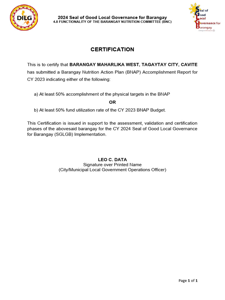 4.8.4. 2.certification On The Submitted BNAP | PDF