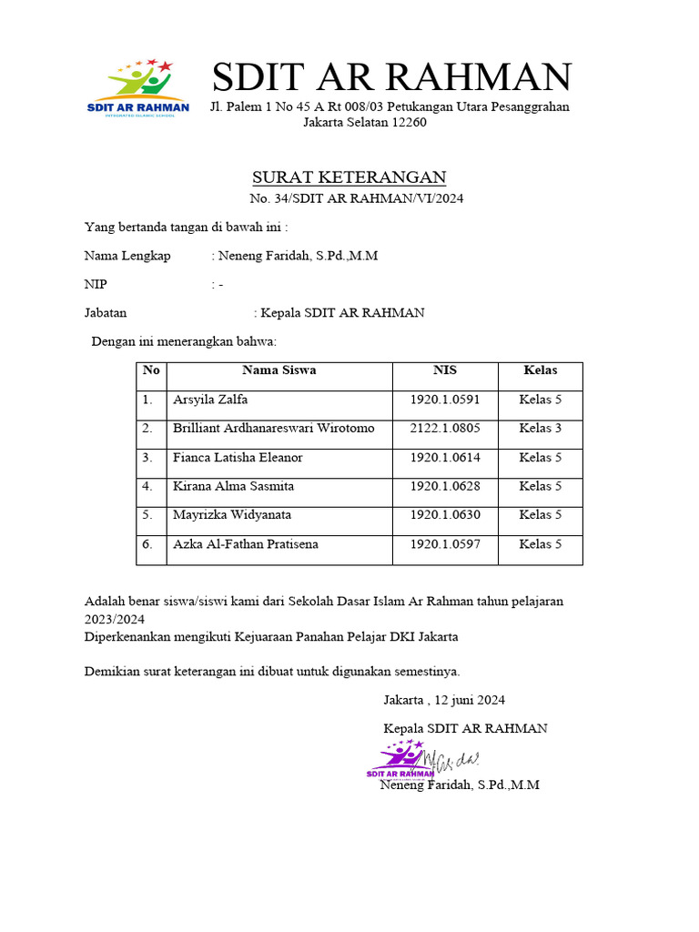 Surat Keterangan Siswa SDIT Ar Rahman | PDF