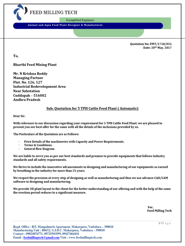 Quotation for 5 TPH Cattle Feed Plant | PDF | Belt (Mechanical) | Elevator