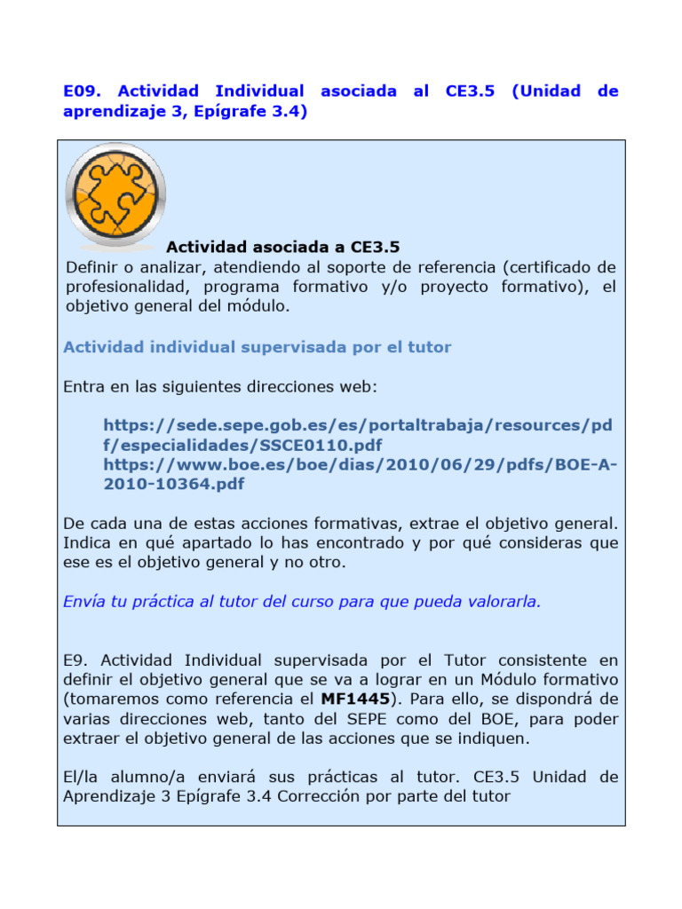 E09. Actividad asociada a CE3.5 | PDF | Evaluación | Aprendizaje