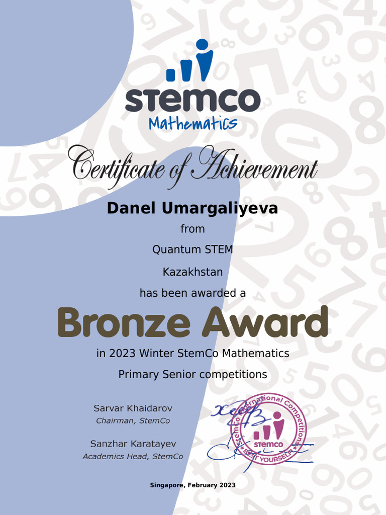 Certificate - 2023 Winter StemCo Mathematics | PDF