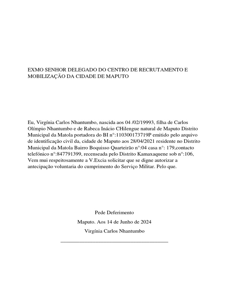 Exmo Senhor Delegado Do Centro de Recrutamento e Mobilização Da Cidade ...