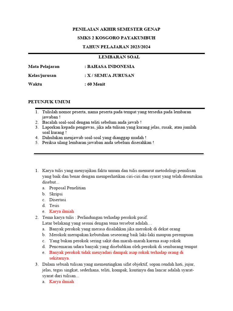 Soal Genap Kls Xi Bhs Indo | PDF | Seni & Disiplin Bahasa | Kajian ...