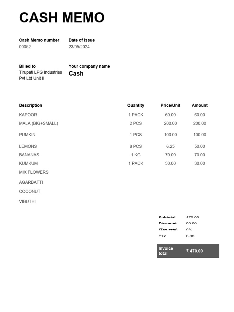 Cash Memo for Tirupati LPG Industries | PDF