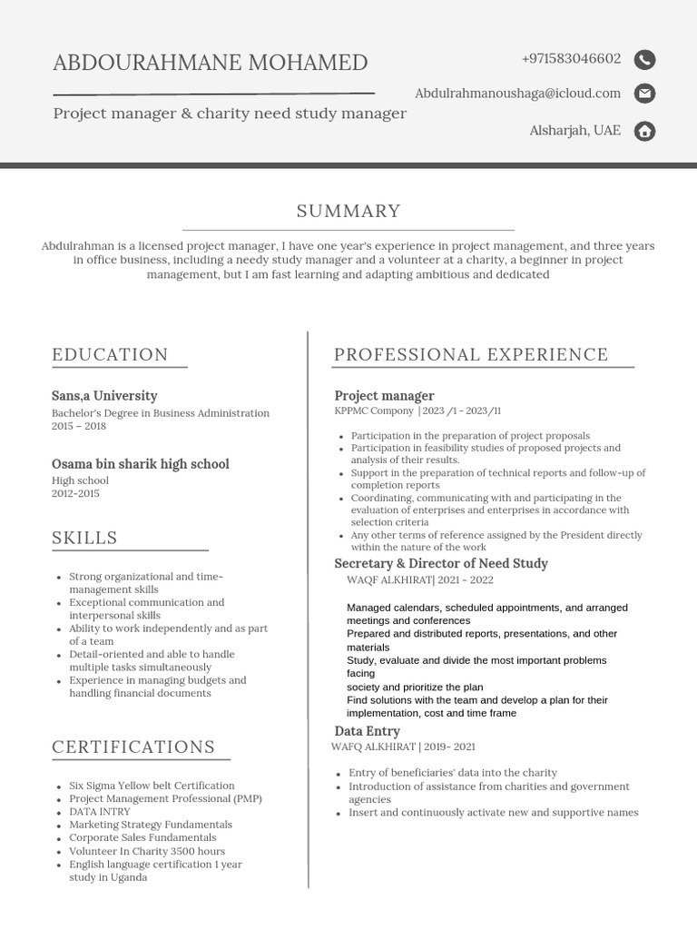 Gray and White Simple Clean Resume | PDF | Project Management | Business
