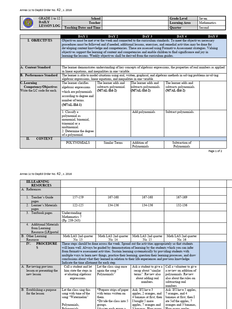 G7 Q 2 WEEK 04 | PDF | Polynomial | Equations