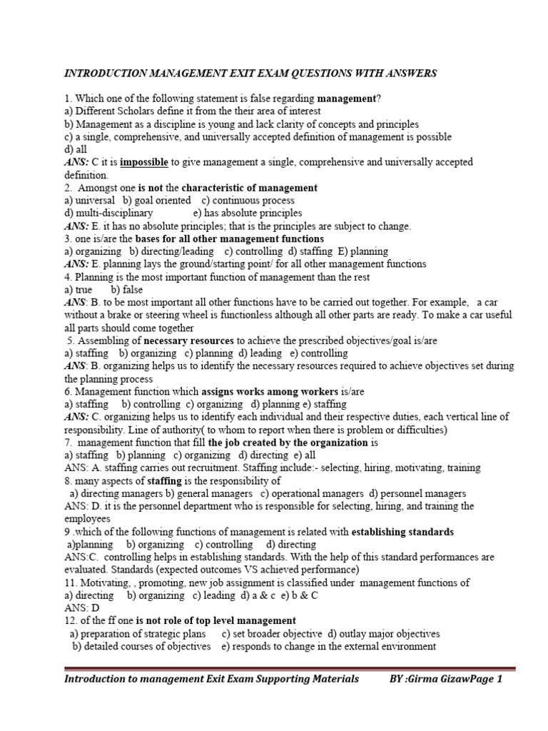 Introduction Management Exit Exam With Answers | PDF | Power (Social And Political) | Leadership