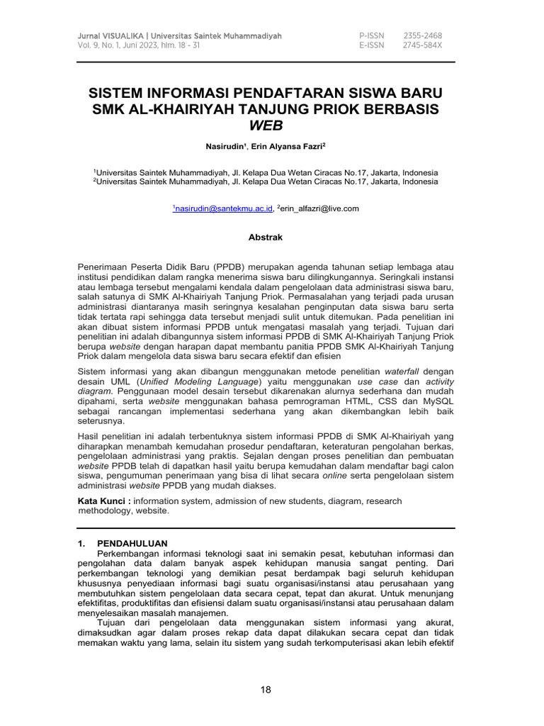 Jurnal Sistem Informasi Pendaftaran Siswa Baru / PPDB SMK Al-Khairiyah Berbasis Website | PDF ...