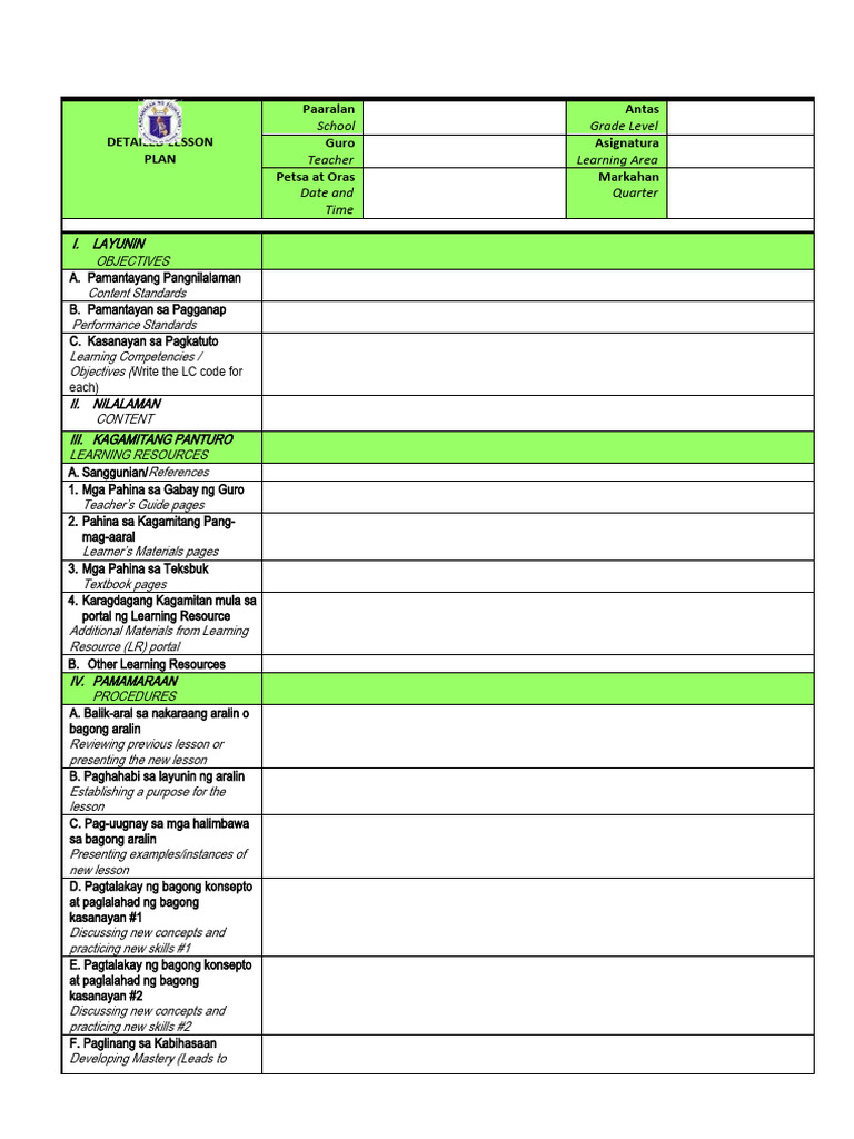 DETAILED LESSON PLAN COT - Template | PDF | Lesson Plan | Learning