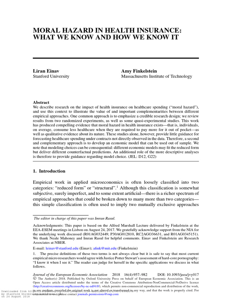Moral Hazard in Health Insurance What We Know and How We Know It | PDF ...