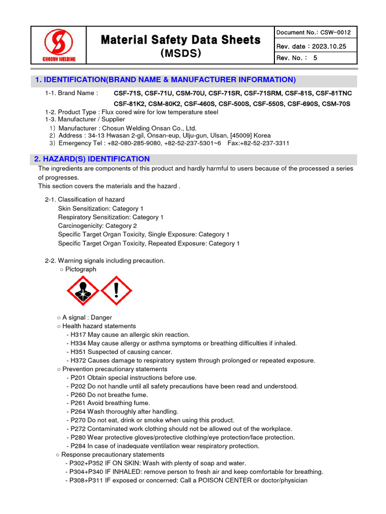 CSW Welding Flux Cored Wire MSDS | PDF | Personal Protective Equipment ...