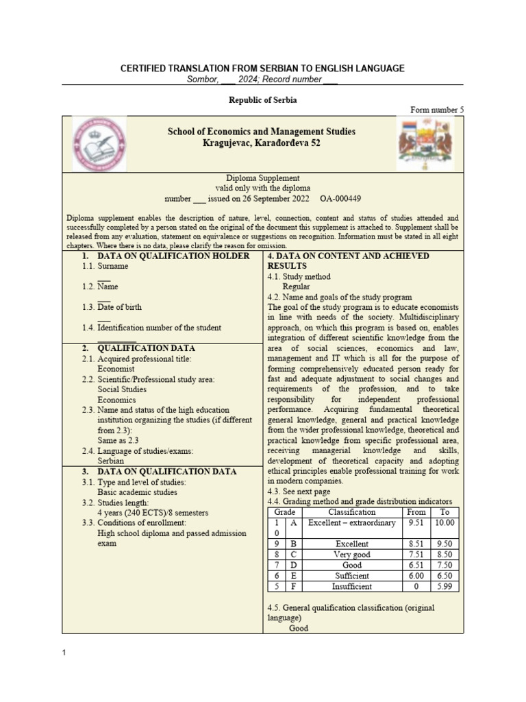 Diploma Supplement Certified Translation Template | PDF | Academic ...