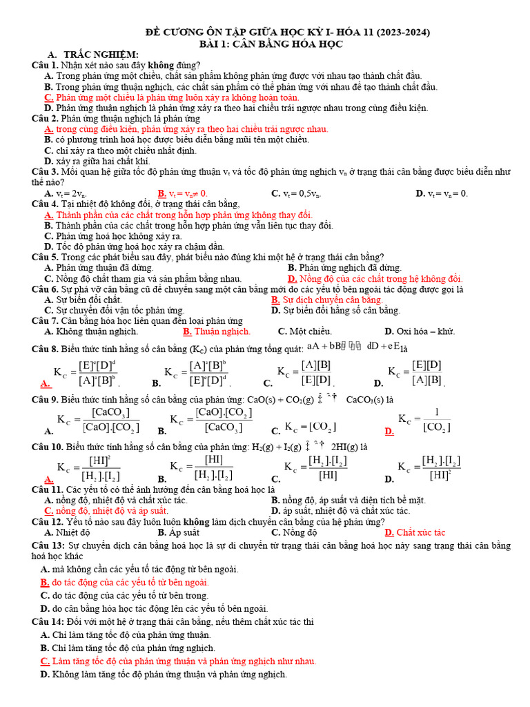 De Cuong GK1 Hóa 11 Nam 23-24 - Đáp Án | PDF