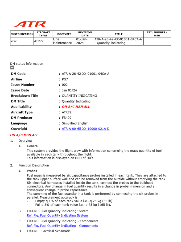 PG7 ATR72 Line Maintenance 01 Jan 2024 ATR A 28 42 XX 01001 04CA A Quantity Indicating | PDF