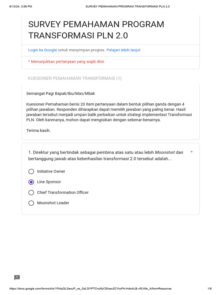 KJ hal.1 - SURVEY PEMAHAMAN PROGRAM TRANSFORMASI PLN 2.0 | PDF
