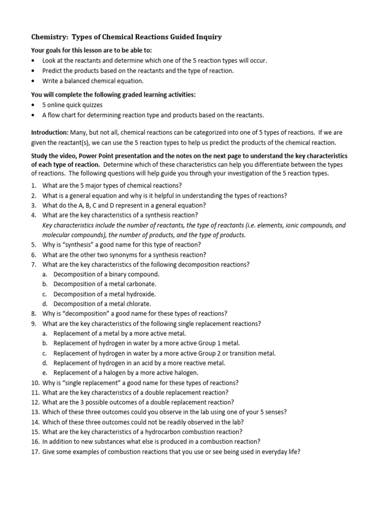 Types of Chemical Reactions Guided Inquiry | PDF | Chemical Reactions ...