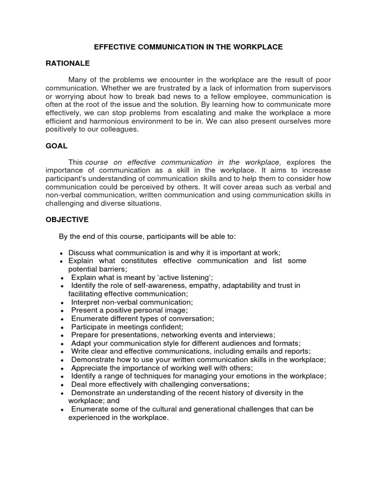 Effective Workplace Communication Course | PDF | Communication ...