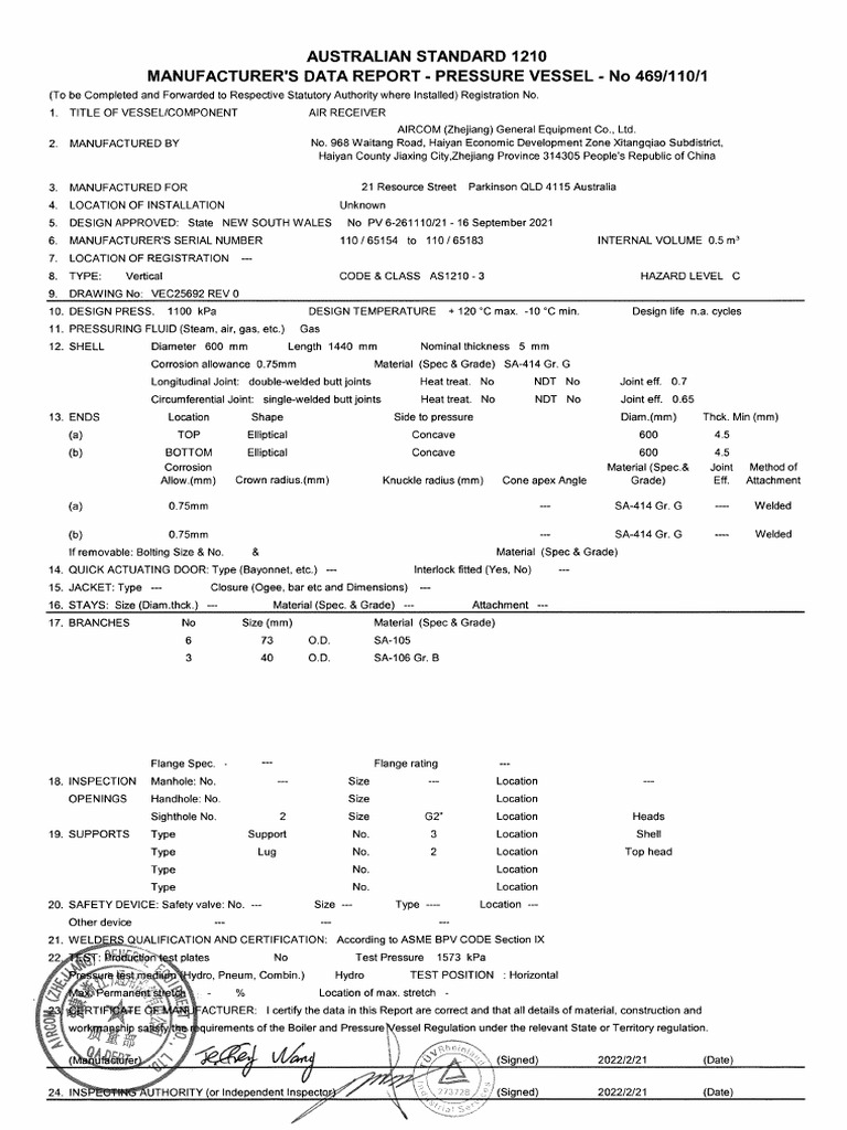 Pressure Vessel - Manufacture's Data Report | PDF