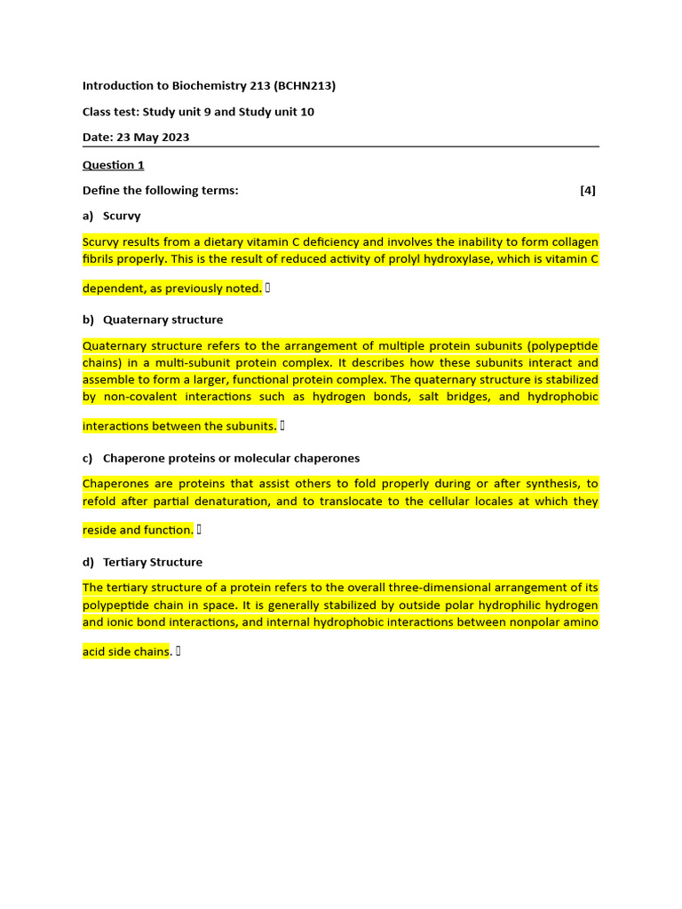 Bchn213 (M-Campus) Test 5 Su 9 and 10 Memo | PDF | Protein Structure ...