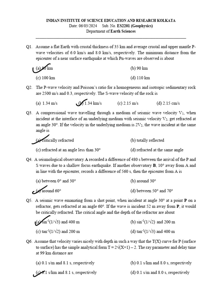 Geophysics Exam Questions and Solutions | PDF | Geophysics | Seismology