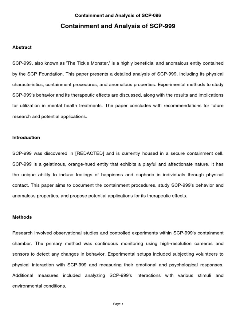 SCP-999 Containment and Analysis | PDF | Experiment | Mental Health