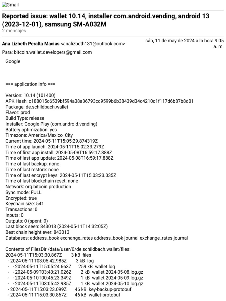 Gmail - Reported Issue - Wallet 10.14, Installer Com - Android.vending, Android 13 (2023-12-01 ...