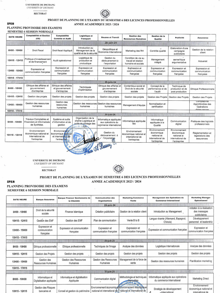 Planning Examens Semestre 6 LIPRO_Session Normale 2023-2024 | PDF
