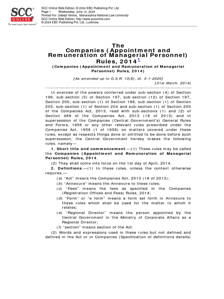 Appointment And Remuneration Of Managerial Personnel Rules 2014