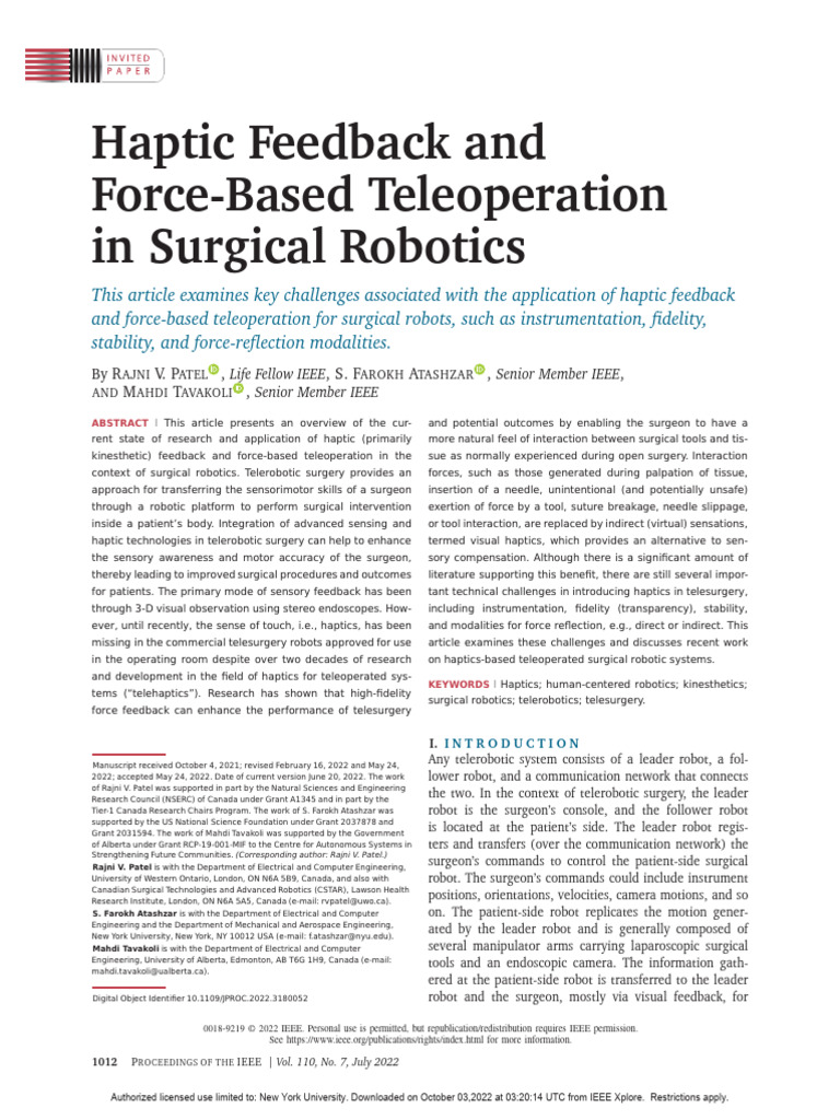 Haptic Feedback and Force-Based Teleoperation For Surgical Robotics ...