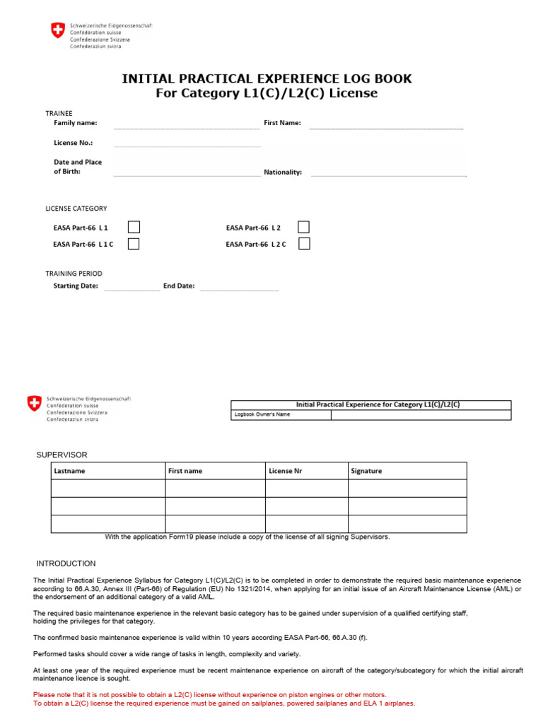 Initial Practical Experience Logbook Category l1c l2c | PDF | Flight ...