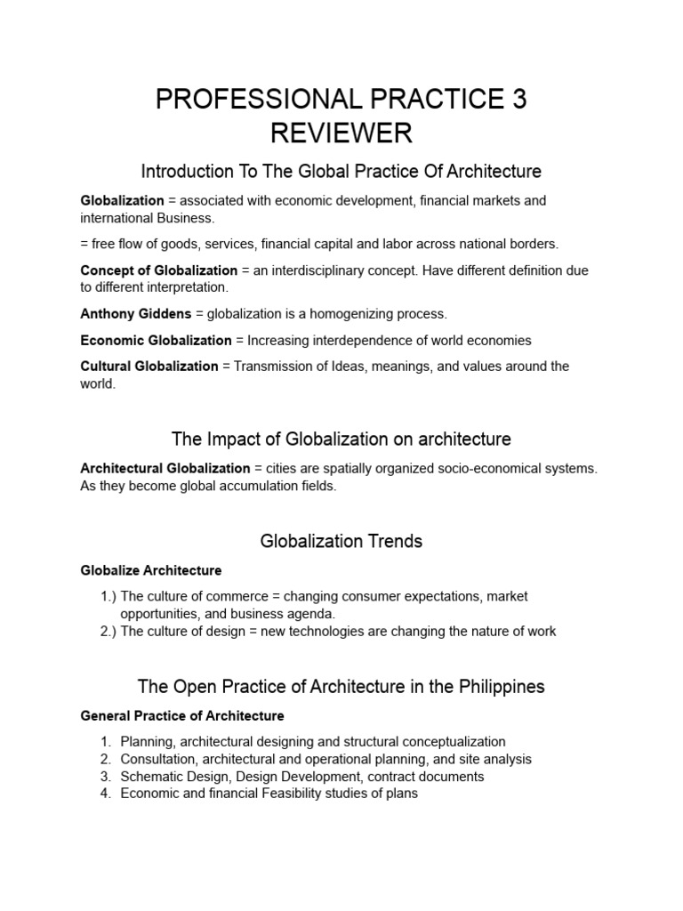 PROFESSIONAL PRACTICE 3 REVIEWER | PDF | Globalization | Architect